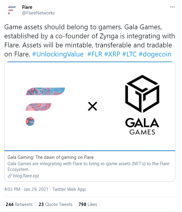 Flare Integrates NFT Gaming Startup Gala While Its First DeFi Announces ...