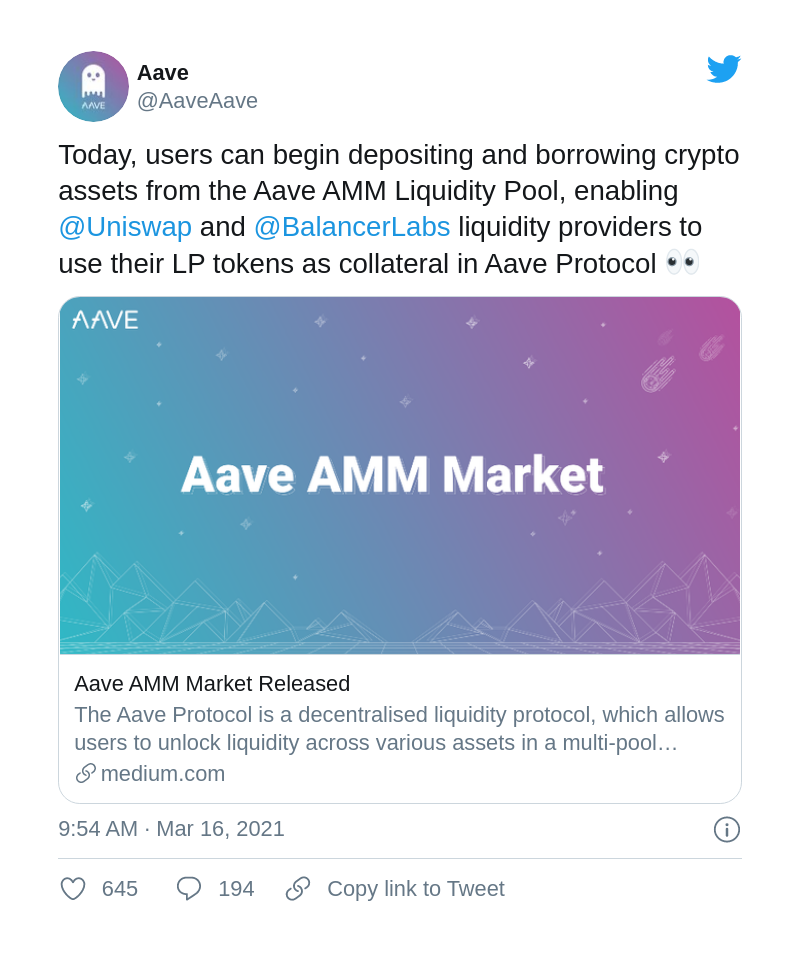 Aave Protocol (AAVE) Releases Unique AMM Liquidity Pool, Uniswap (UNI ...