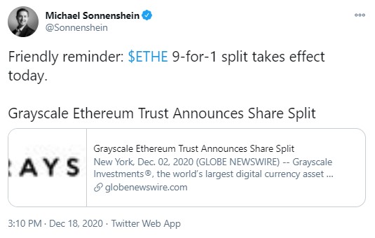 Grayscale's ETHE Share Split Takes Place Today, Shareholders to Get ...